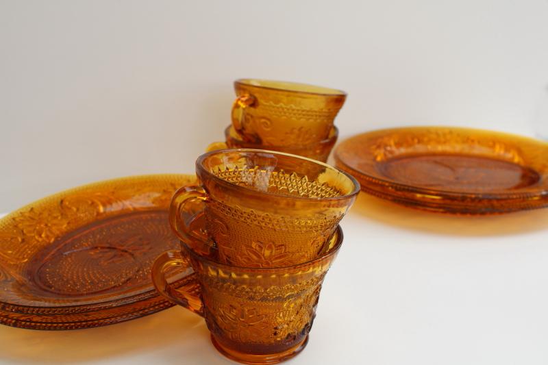 Vintage Amber Glass Snack Sets Tiara Sandwich Daisy Pattern Oval