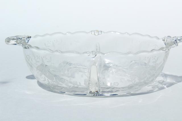 1950s Vintage Heisey Orchid Etched Glass Divided Dressing Bowl And Relish Dish