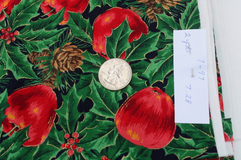 1990s vintage Christmas fabric, red apples pinecones print quilting ...