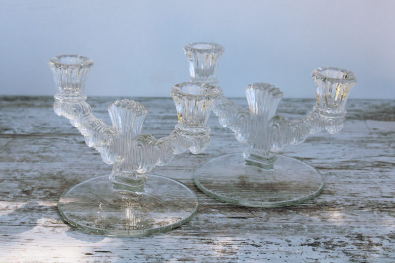 Paden City etched glass double light candle holders, pair vintage ...