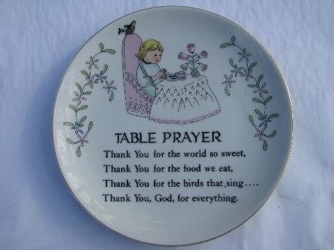 child's grace for meals, vintage table prayer plate w/ child & verse