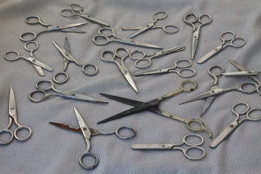 collection of old steel scissors, vintage school scissors lot