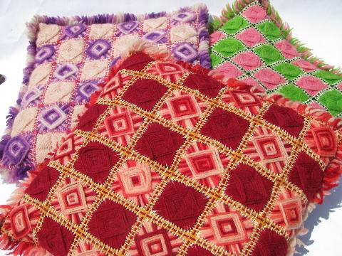 funky vintage flower power embroidered yarn throw pillows, bright colors