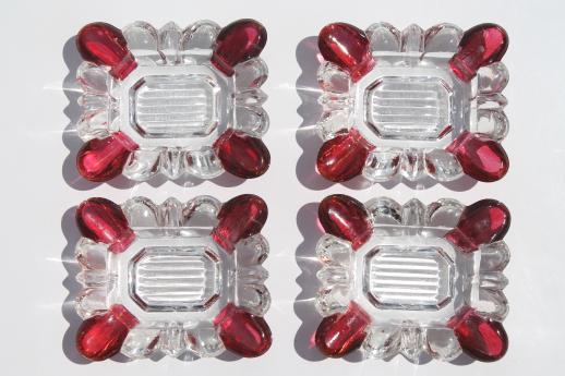 ruby flashed glass ashtrays set, crystal clear glass w/ ruby red ...
