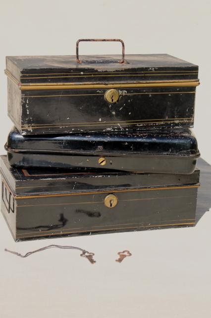 stack of vintage metal deed & document boxes, antique lock box collection
