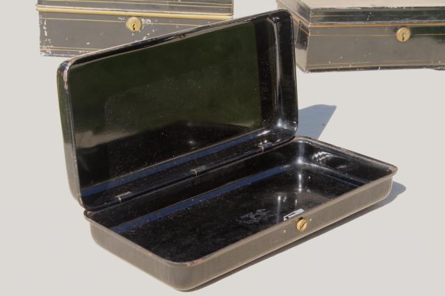 stack of vintage metal deed & document boxes, antique lock box collection