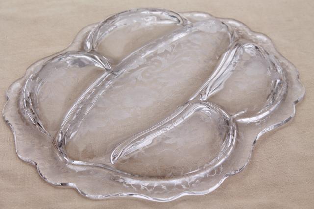 Vintage Wildflower Cambridge Crystal Print Etched Glass Relish Tray Divided Dish