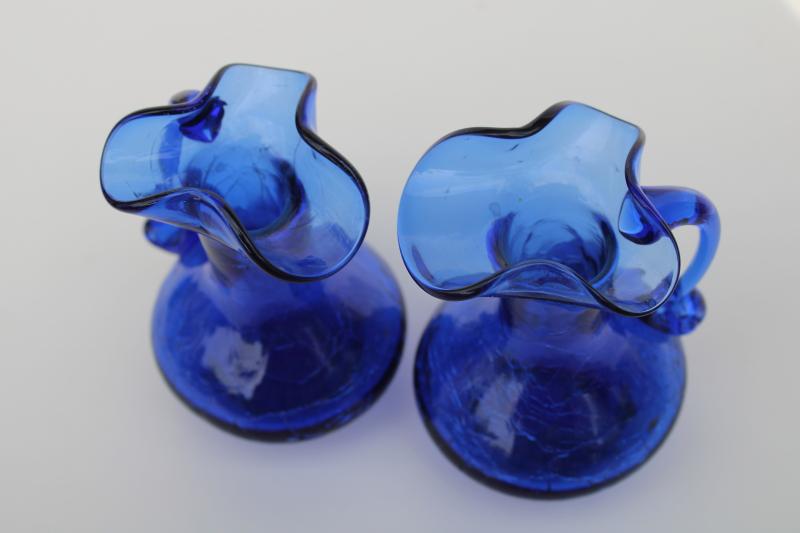 vintage cobalt blue crackle glass mini pitchers or cruet set, no stoppers