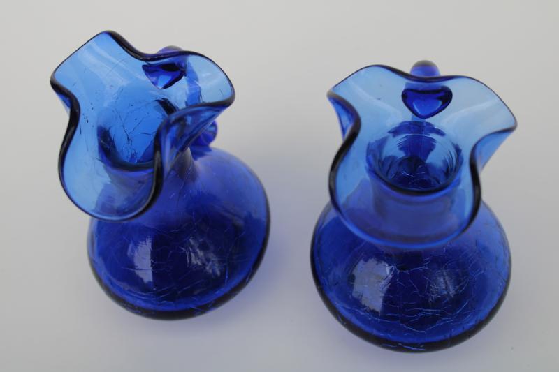 vintage cobalt blue crackle glass mini pitchers or cruet set, no stoppers