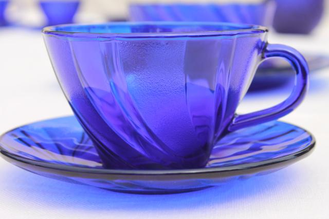 Vintage Cobalt Blue Glass Dishes Set For Four Duralex Rivage Swirl Pattern