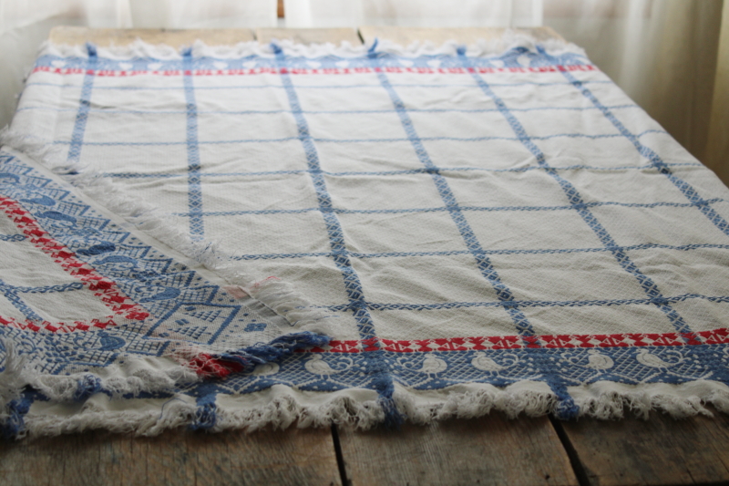 vintage farmhouse kitchen tablecloth, woven cotton red blue birds ...