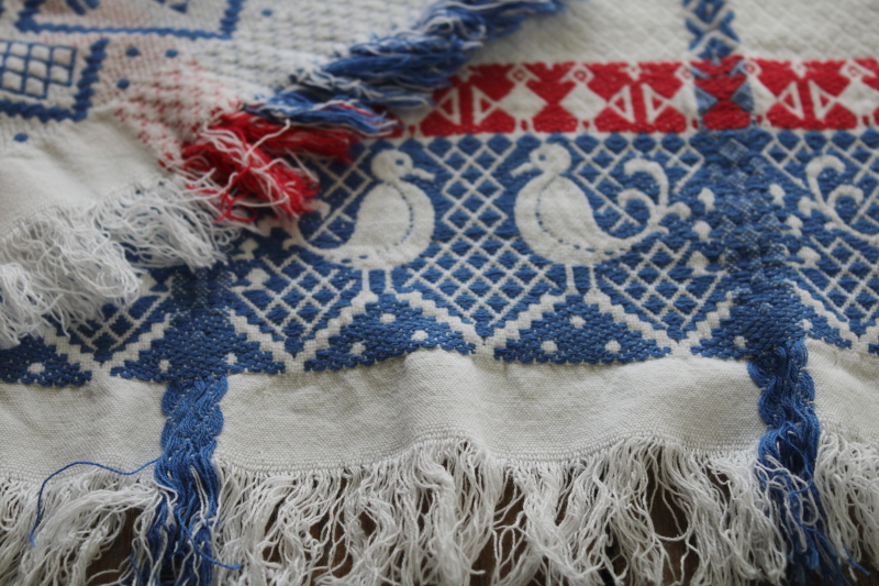 vintage farmhouse kitchen tablecloth, woven cotton red blue birds ...