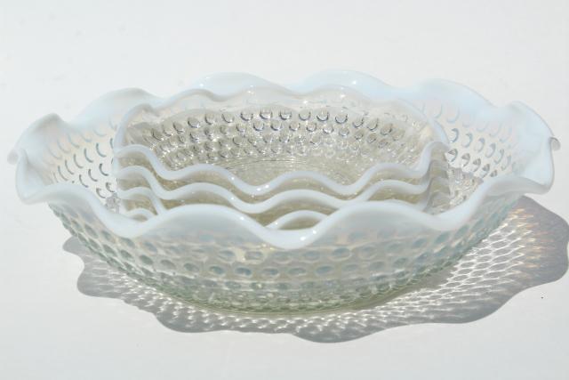 vintage moonstone opalescent hobnail glass berry bowls / dessert dishes set