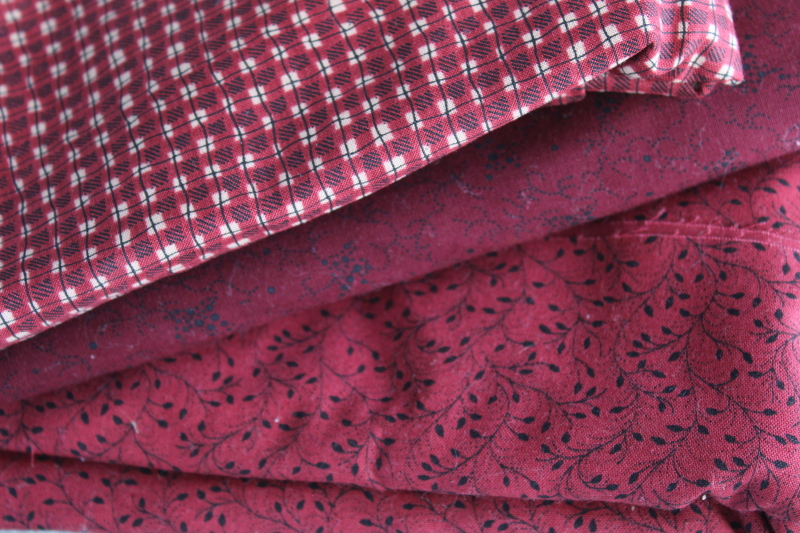 vintage quilting fabric lot reds, barn red burgundy cotton calico ...