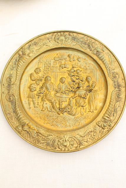 vintage solid brass chargers & plates, old English wrought brass wall ...