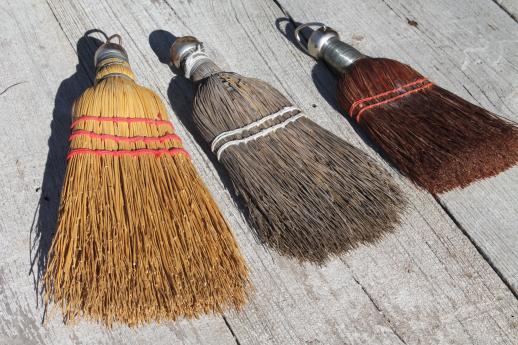 vintage whisk broom collection, primitive old natural broom straw brooms