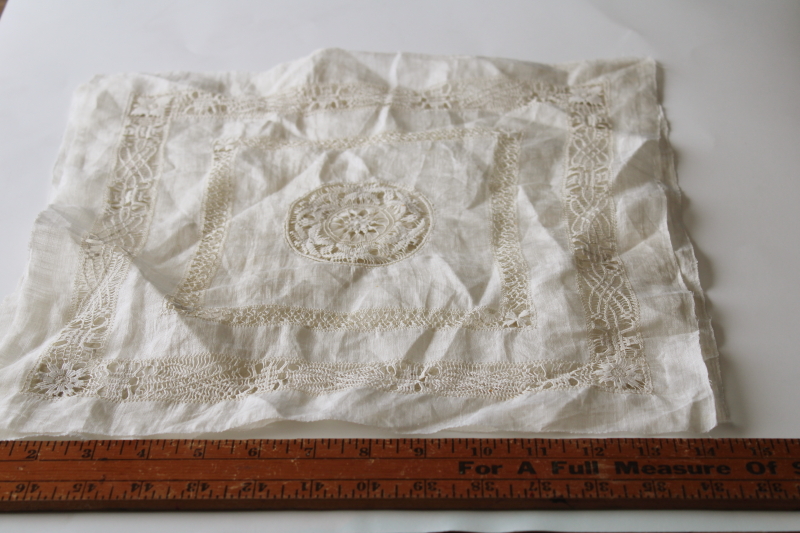 vintage white linen table mats or napkins, Madeira style needle lace ...