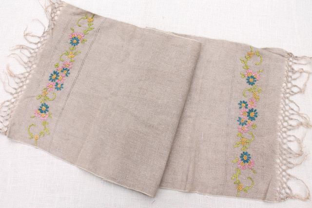 1920s vintage embroidered linen farmhouse table runner, natural flax ...