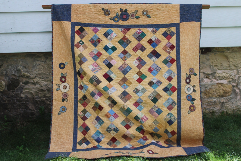 1980s 90s vintage quilt, primitive colors folk art style patchwork flowers