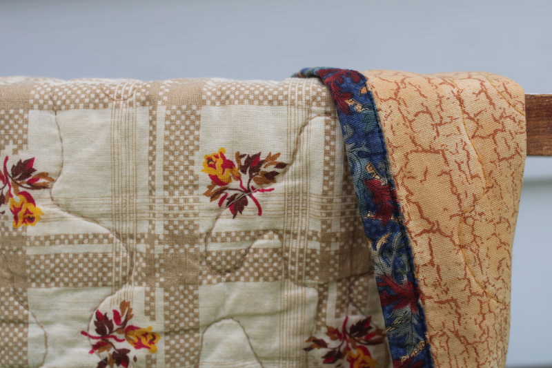 1980s 90s vintage quilt, primitive colors folk art style patchwork flowers