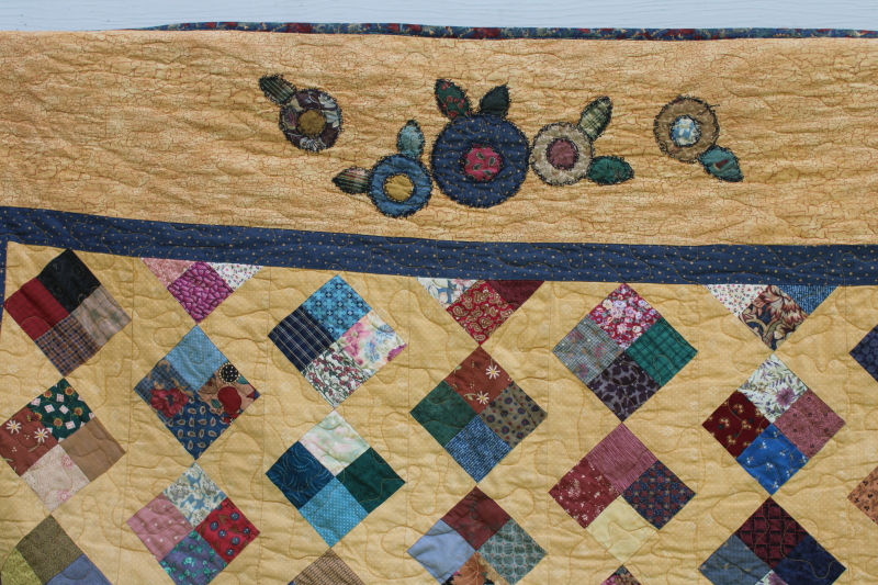 1980s 90s vintage quilt, primitive colors folk art style patchwork flowers