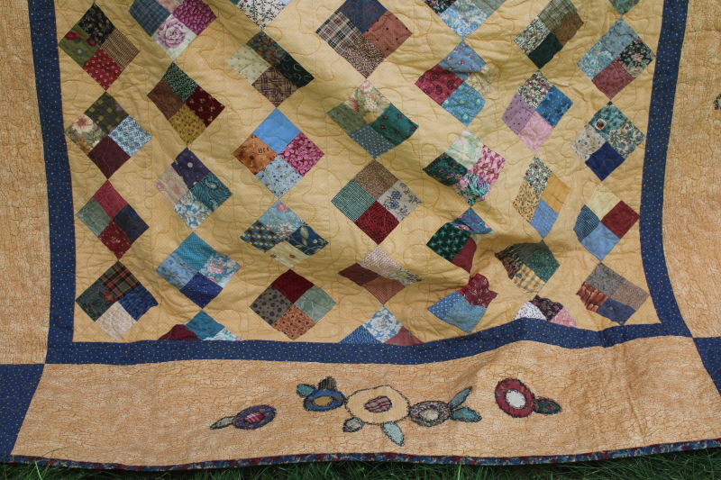 1980s 90s vintage quilt, primitive colors folk art style patchwork flowers