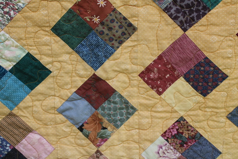 1980s 90s vintage quilt, primitive colors folk art style patchwork flowers