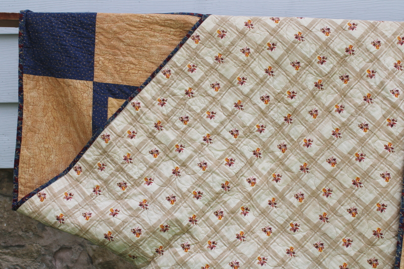 1980s 90s vintage quilt, primitive colors folk art style patchwork flowers