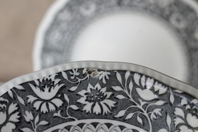 Dundee grey, black transferware floral border vintage Staffordshire ...