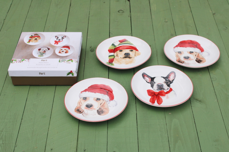 Pier 1 Christmas puppies holiday salad or dessert plates dogs in winter ...
