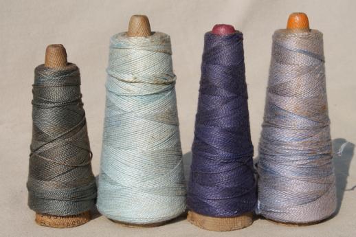 antique blue primitive grubby old spools of vintage cotton cord thread