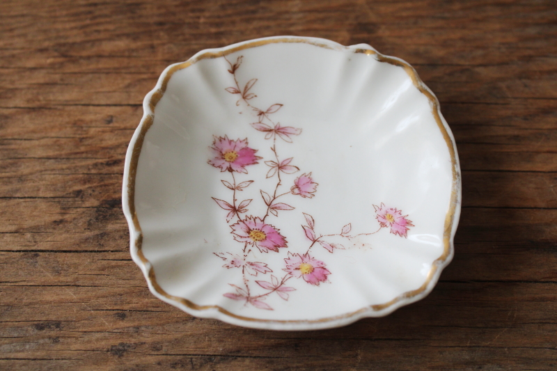 antique china butter pat, tiny plate late 1800s vintage brown & pink floral transferware