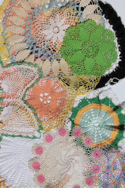 bohemian vintage crochet lace doilies, funky retro colored thread ...