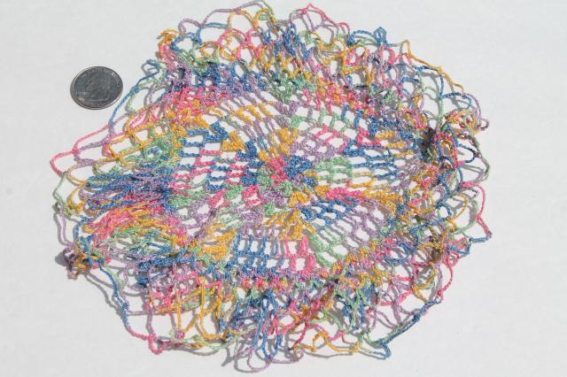 bohemian vintage crochet lace doilies, funky retro colored thread ...