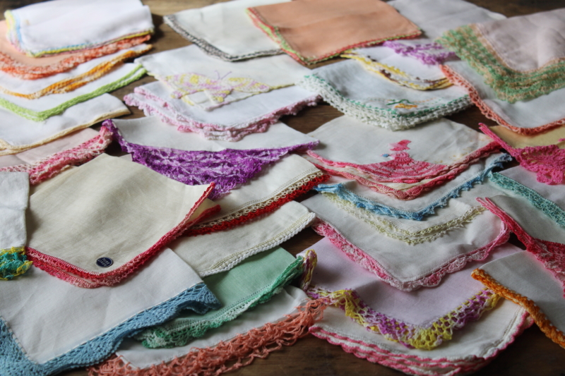 huge lot vintage hankies w/ handmade crochet lace edgings, colorful ...