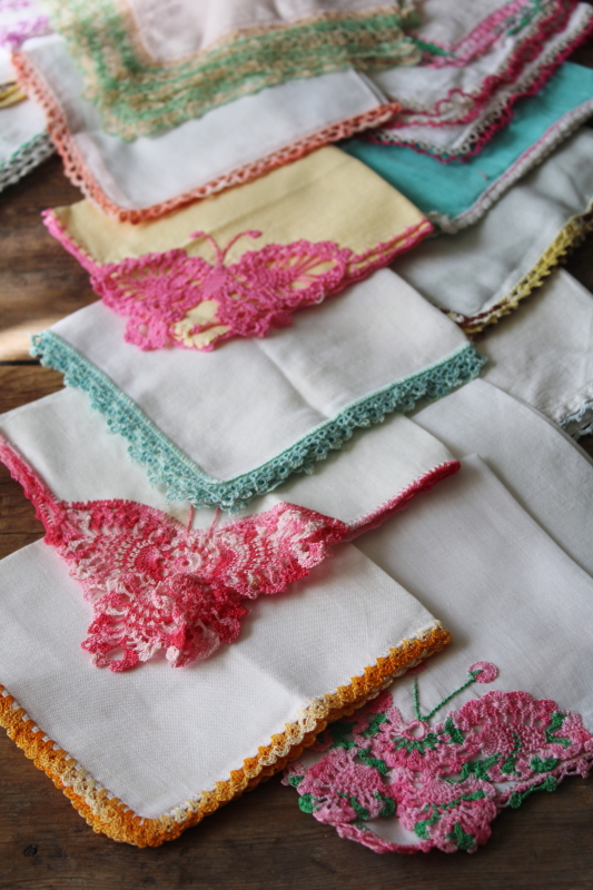 huge lot vintage hankies w/ handmade crochet lace edgings, colorful ...