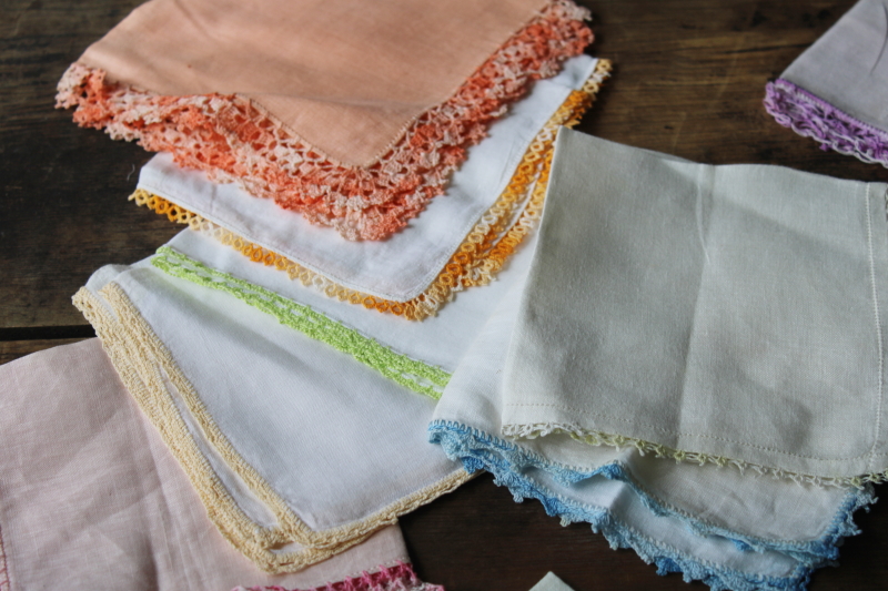 huge lot vintage hankies w/ handmade crochet lace edgings, colorful ...