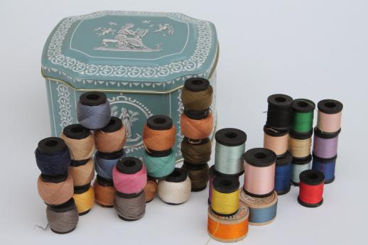 lot of vintage fine cotton & silk embroidery floss, tiny wood spools of ...