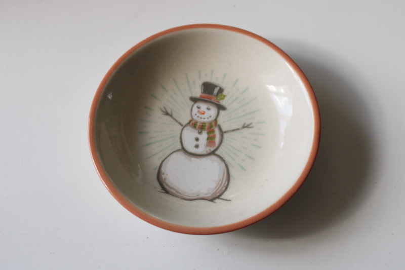 tiny butter pat or trinket dish, rare Chad Bennett holiday snowman pattern