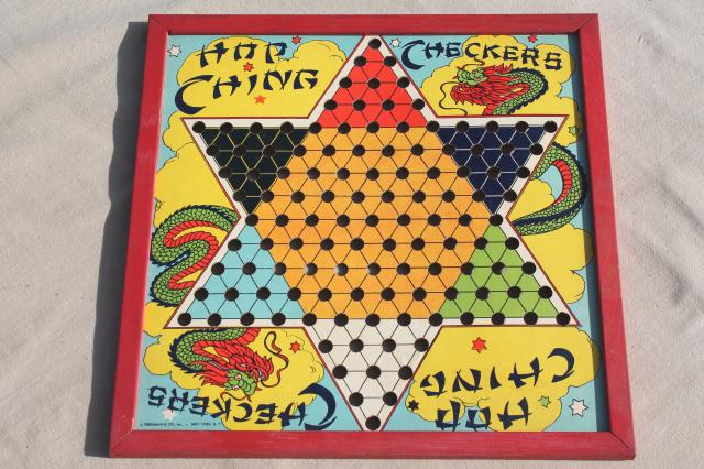 vintage Hop Ching Chinese Checkers color game board w/ wood frame, worn ...