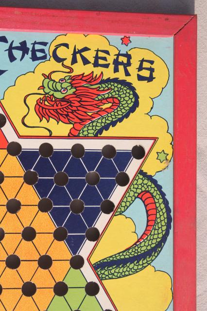 vintage Hop Ching Chinese Checkers color game board w/ wood frame, worn ...