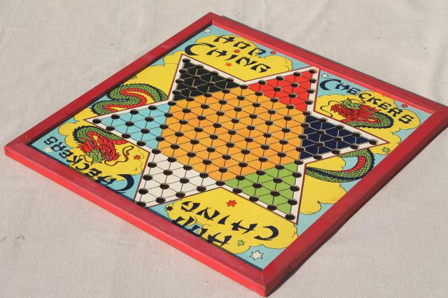 vintage Hop Ching Chinese Checkers color game board w/ wood frame, worn ...