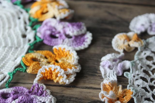 vintage crochet doilies w/ pansy border, colored cotton thread ...