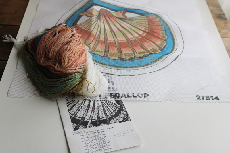 vintage needlepoint kit, large scallop seashell wall art or pillow top ...