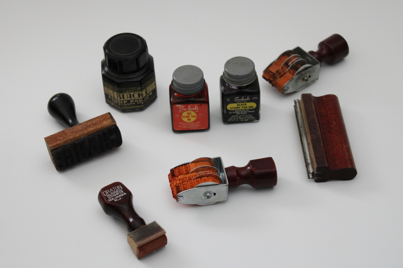 vintage office supplies, rubber stamps including CHARGE lot of old ink ...