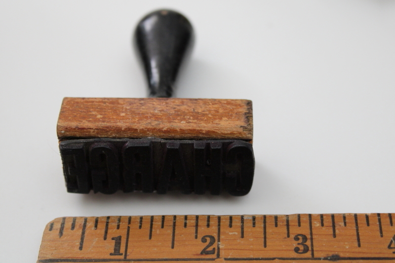 vintage office supplies, rubber stamps including CHARGE lot of old ink ...