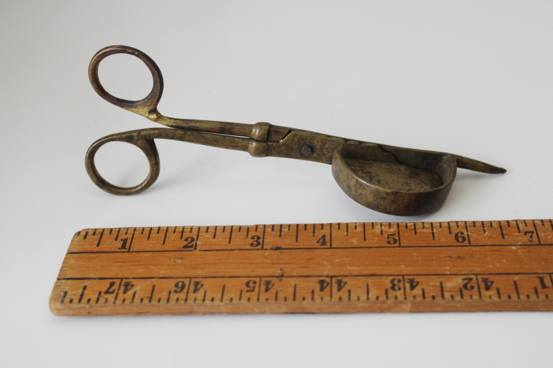 worn tarnished vintage brass candle snuffer, scissors type snuffer ...