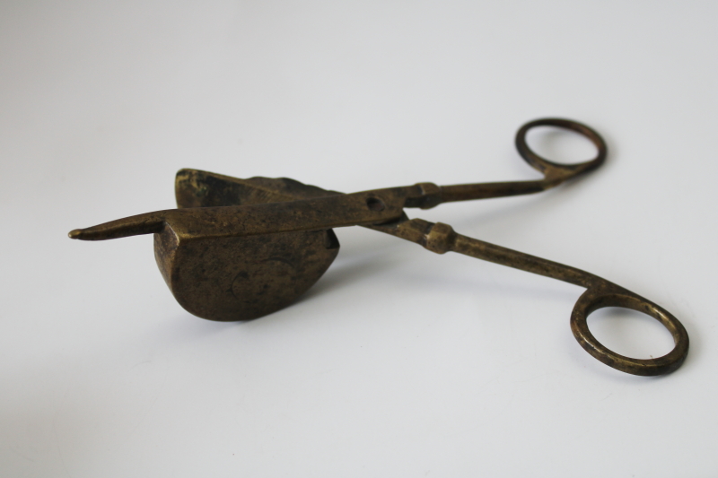 worn tarnished vintage brass candle snuffer, scissors type snuffer ...